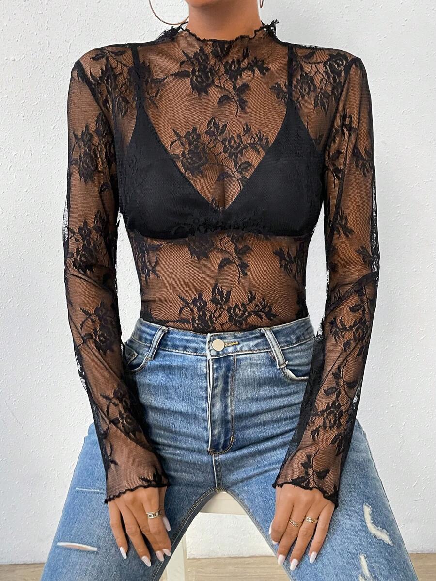 Shein Bae Mock Neck Lettuce Trim Sheer Lace Top Without Bra Shein Uk