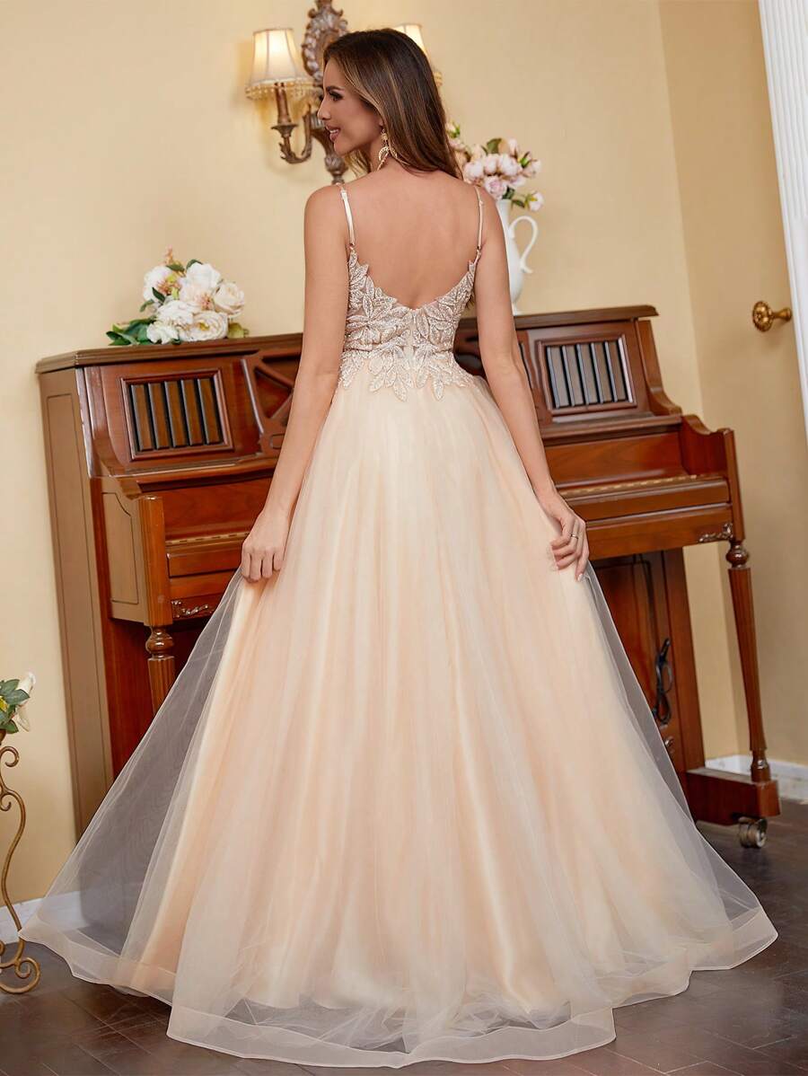 Rhinestone Detail Mesh Cami Prom Dress | SHEIN