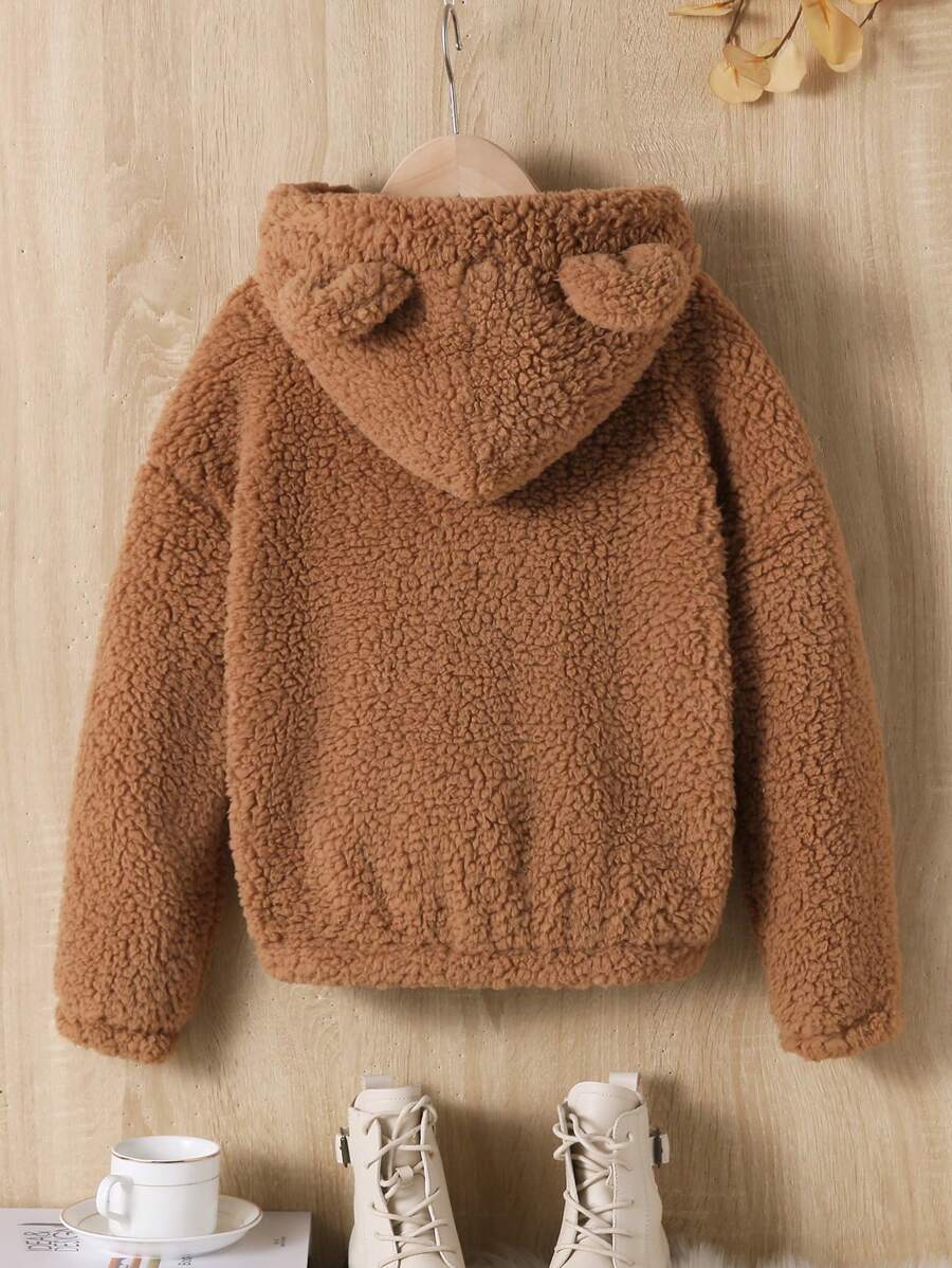 SHEIN Tween Girl 3D Ear Design Hooded Zipper Teddy Jacket | SHEIN USA