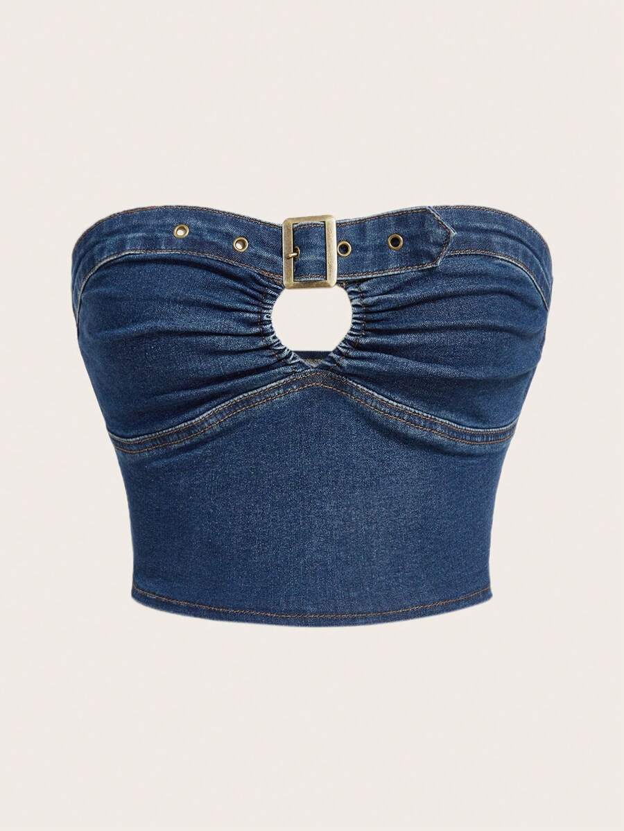 SHEIN MOD Buckle Detail Tube Denim Top | SHEIN USA