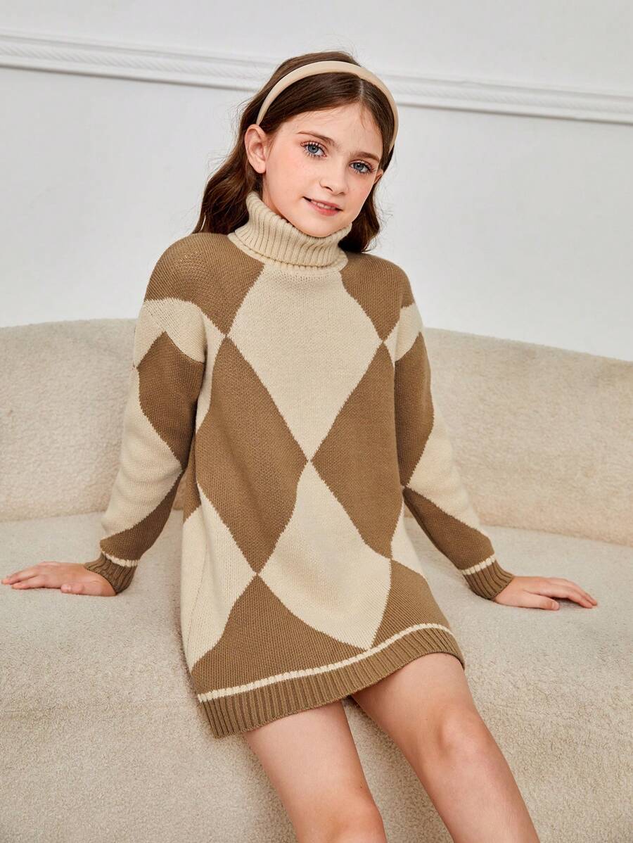 SHEIN Tween Girl Argyle Pattern Turtleneck Drop Shoulder Sweater Dress ...