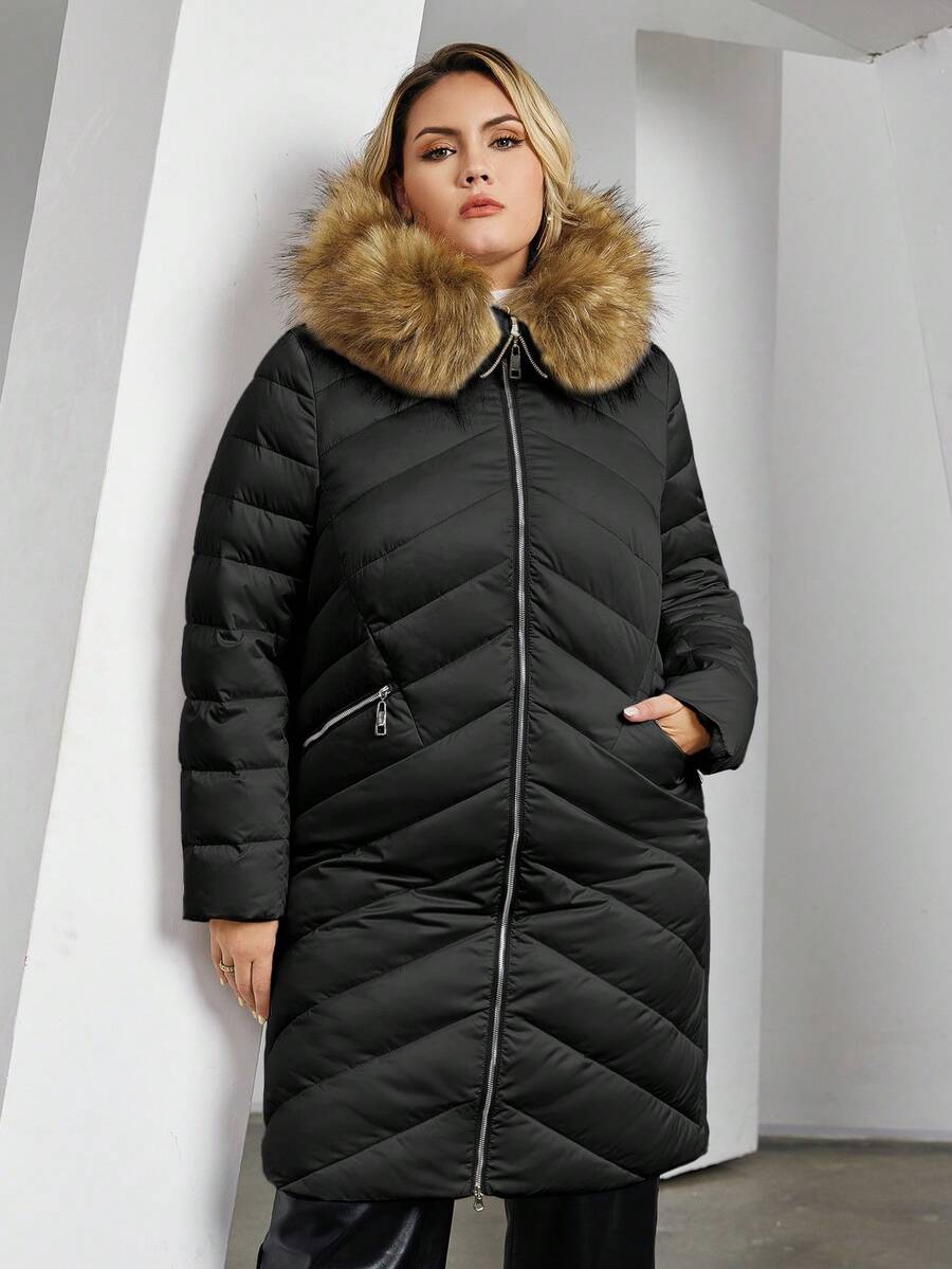 Astrid Plus Zip Up Fuzzy Trim Hooded Puffer Coat | SHEIN USA