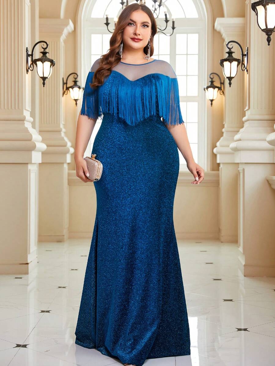 SHEIN Belle Plus Fringe Trim Mesh Insert Mermaid Hem Glitter Formal Dress Elegant Prom Evening ...