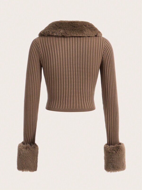 SHEIN Qutie Borg Collar Fuzzy Cuff Cardigan | SHEIN USA