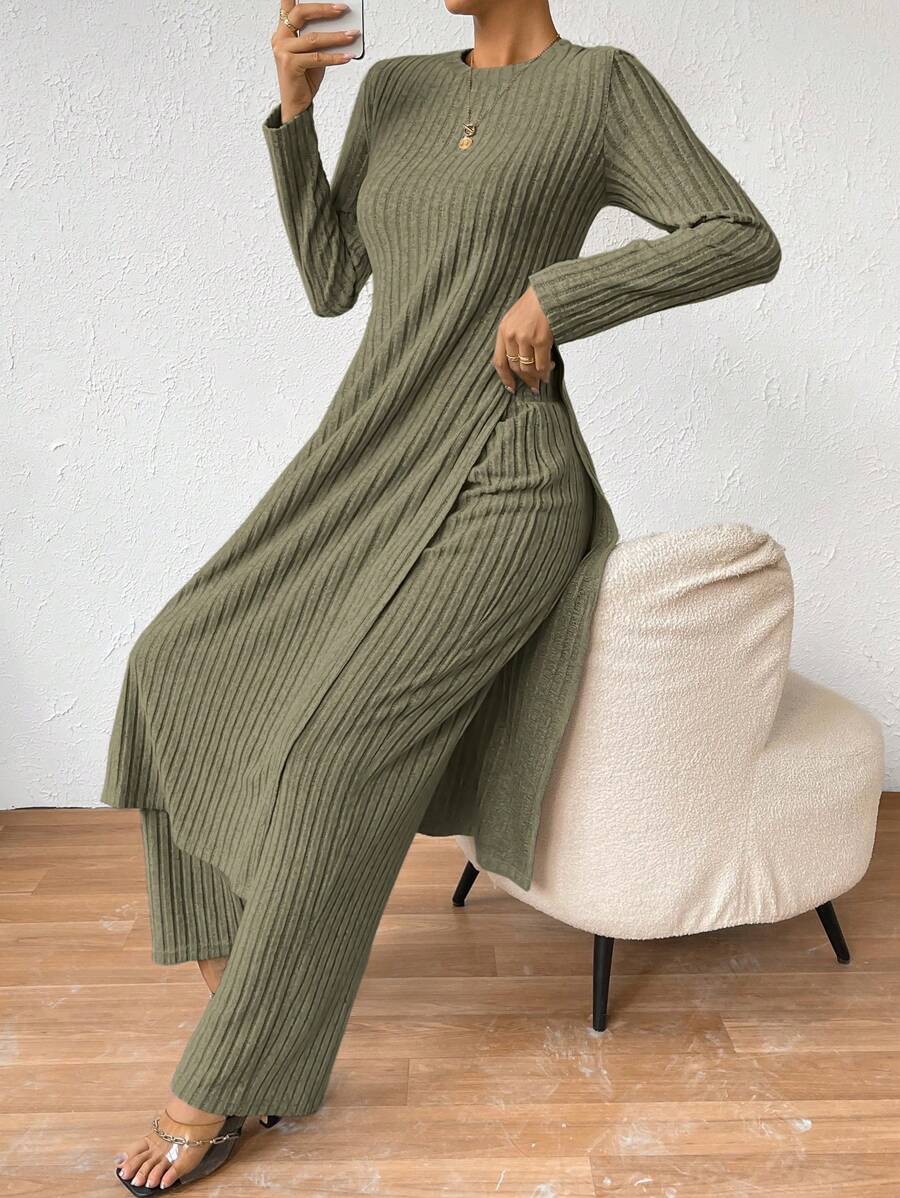 SHEIN Privé Solid Split Hem Tee & Wide Leg Pants | SHEIN USA