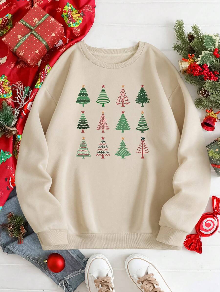 INAWLY Plus Christmas Tree Print Thermal Lined Sweatshirt | SHEIN USA