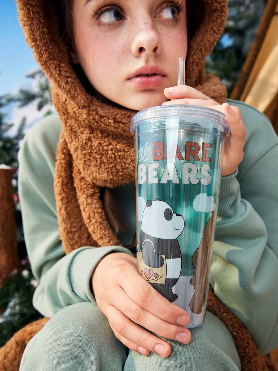 We Bare Bears X SHEIN 650ml Semi-transparent Straw Cup With Three ...