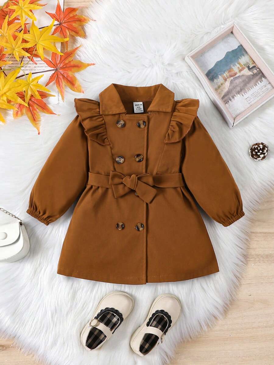 Baby Girl Ruffle Trim Double Breasted Belted Trench Coat | SHEIN USA