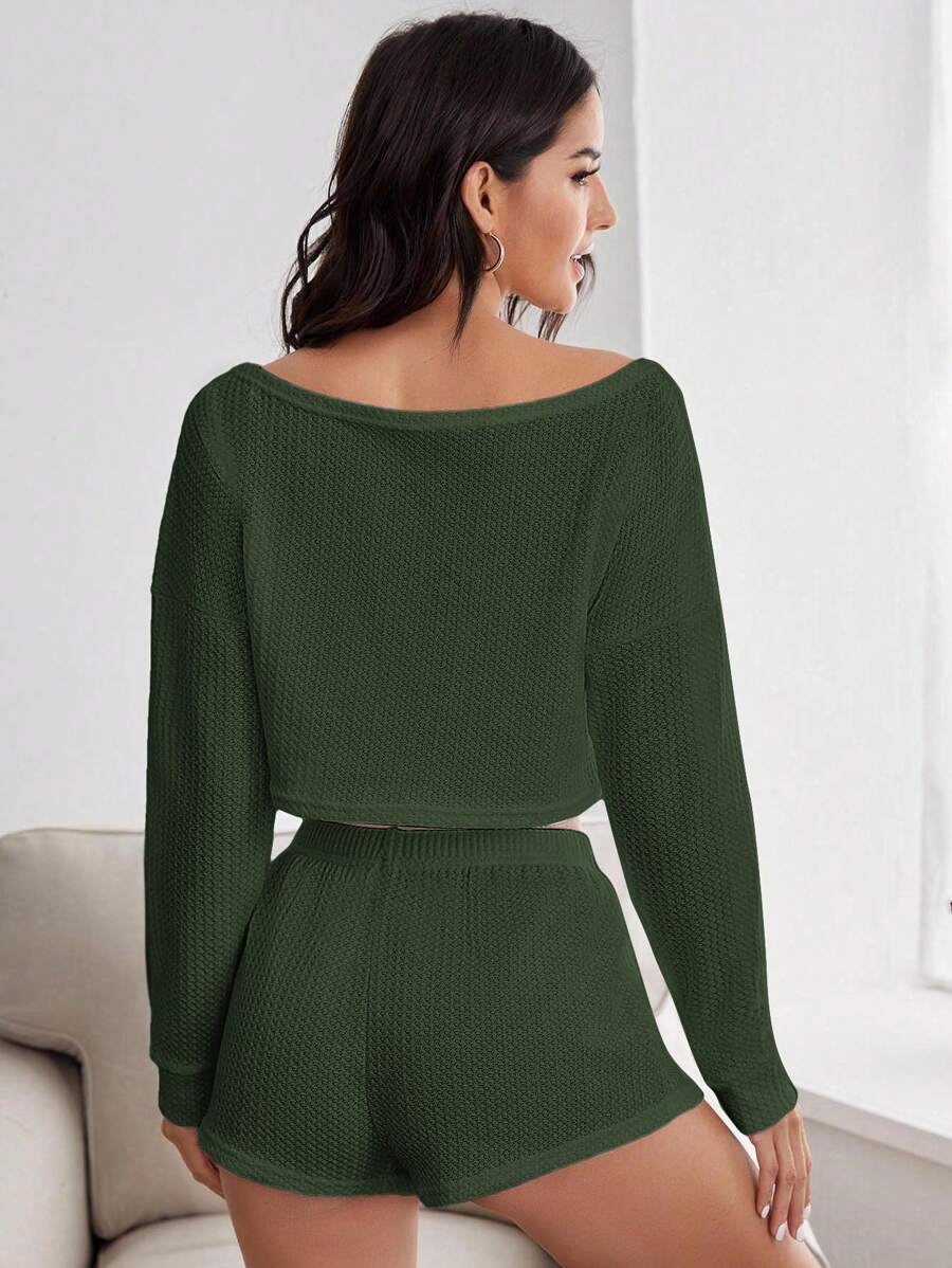 Waffle Knit Asymmetrical Neck Drop Shoulder Waffle Knit Lounge Set ...