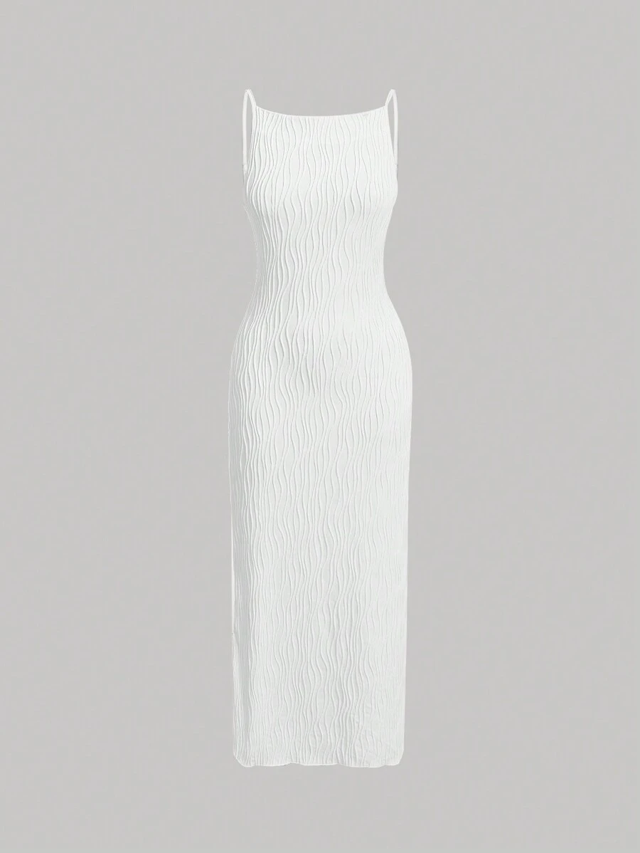 SHEIN MOD Solid Fuzzy Cami White Textured Long Dress,White Graduation ...