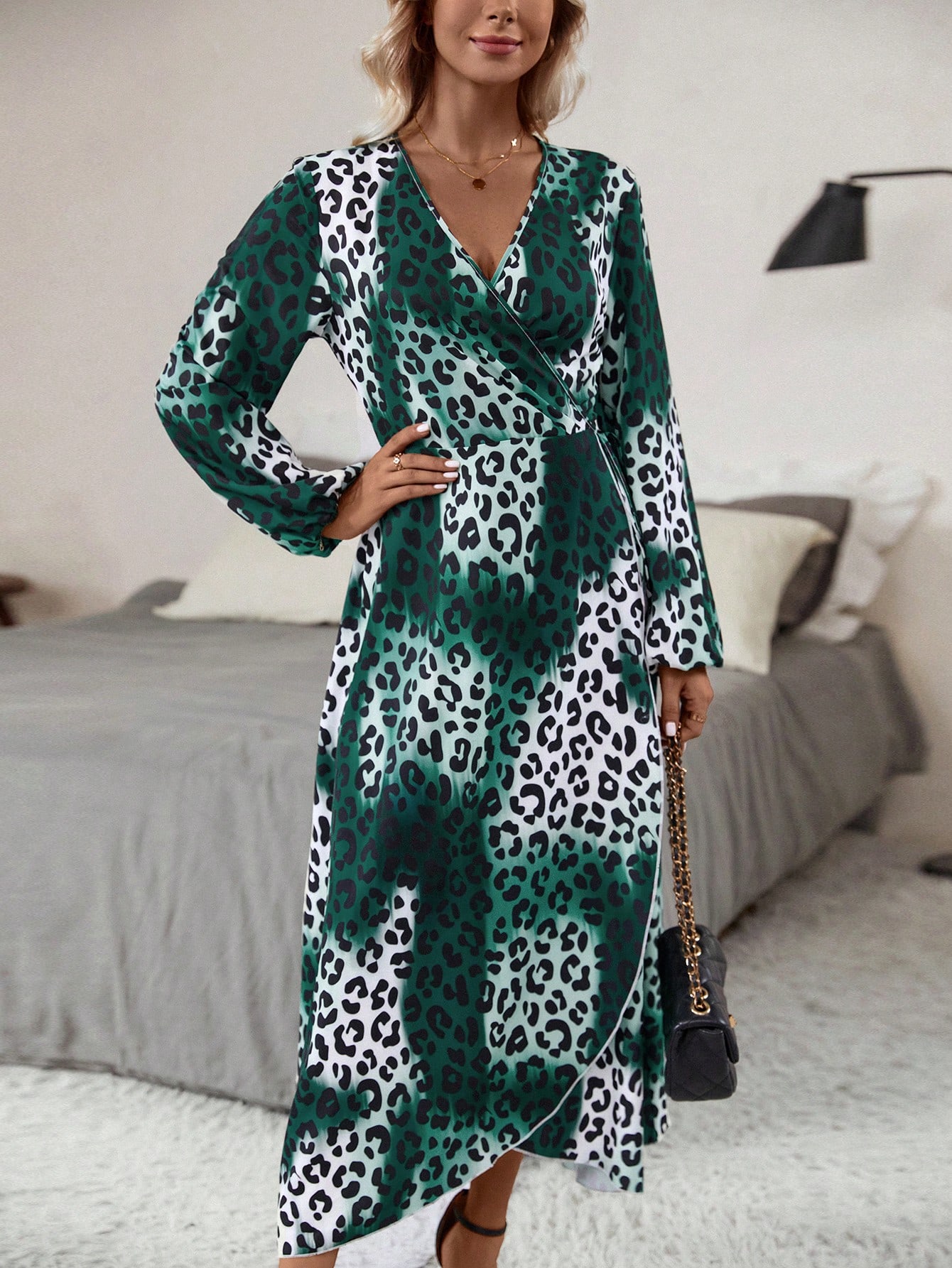 Shein Clasi Leopard Print Lantern Sleeve Knot Side Wrap Dress Shein Usa