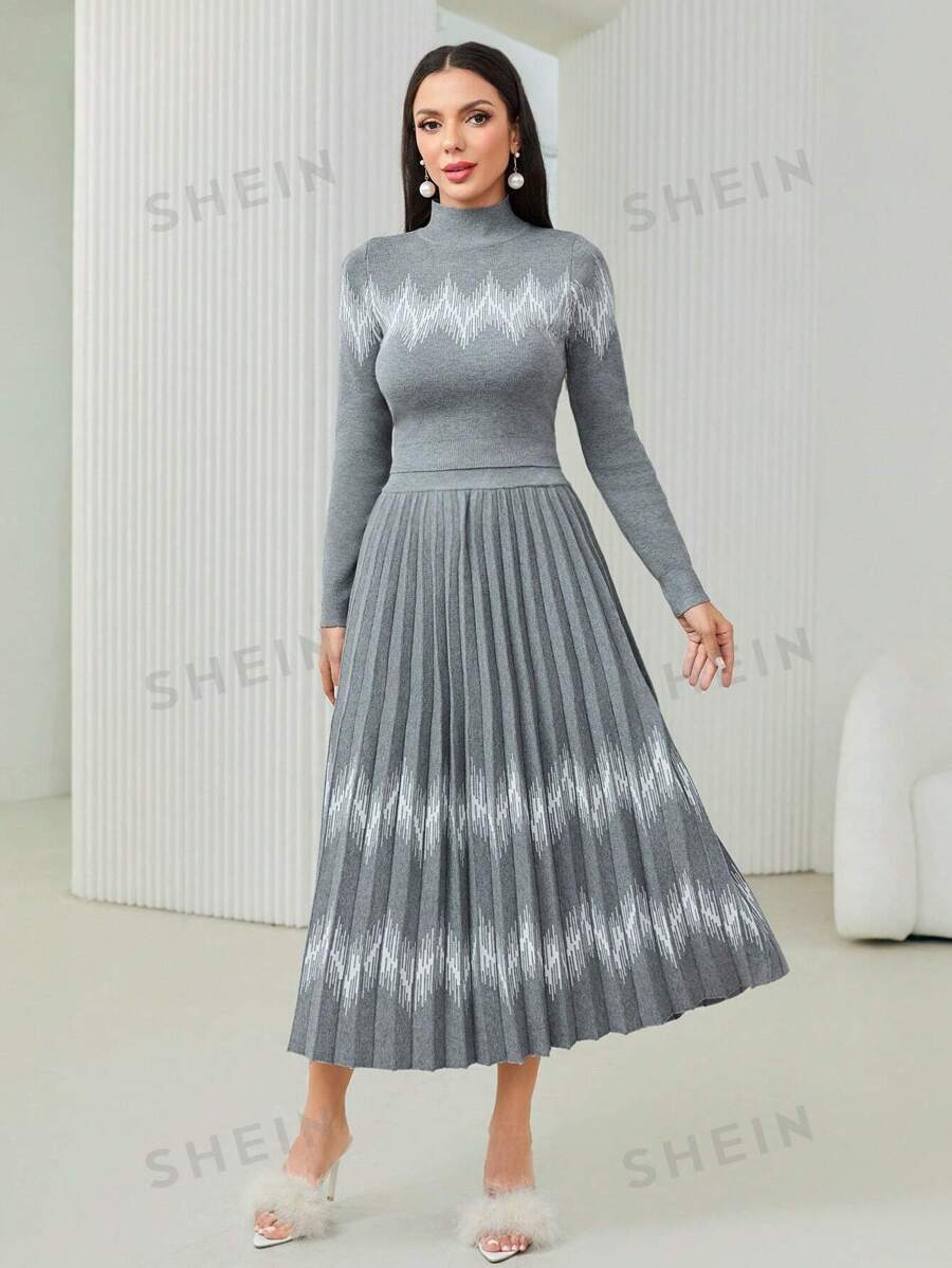 SHEIN Modely Women's Houndstooth Stand Collar Sweater And Pleated Skirt ...