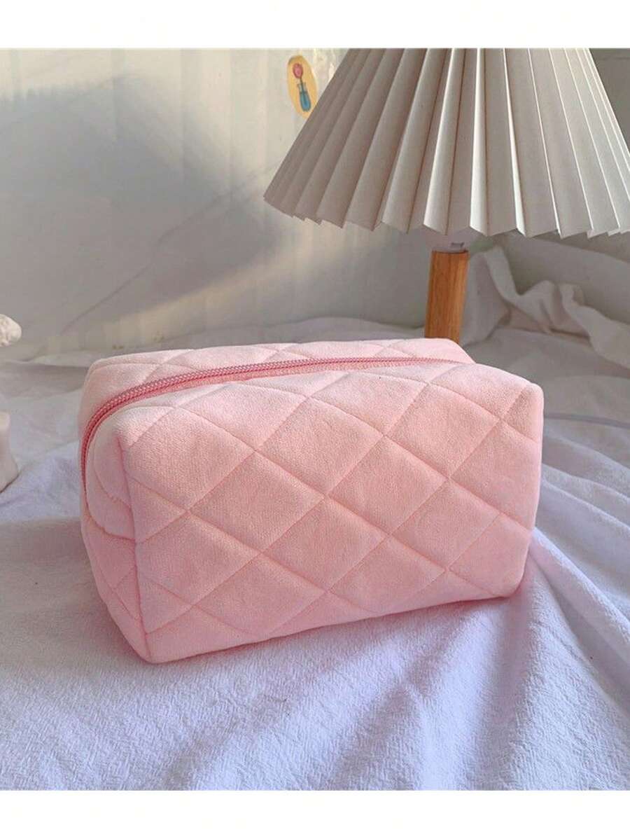 1Pc Pink Plush Square Makeup Bag, Style, Cute Aesthetic, Fluffy ...