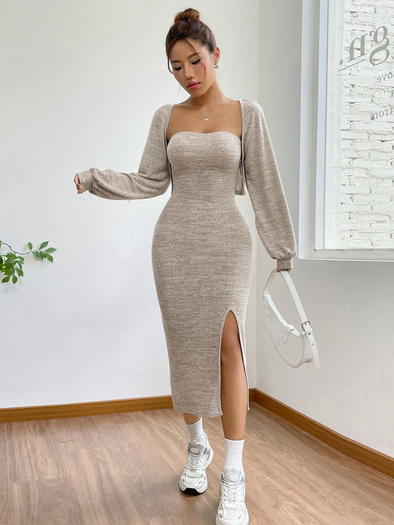 SHEIN EZwear Solid Split Thigh Tube Bodycon Dress & Open Front Coat ...