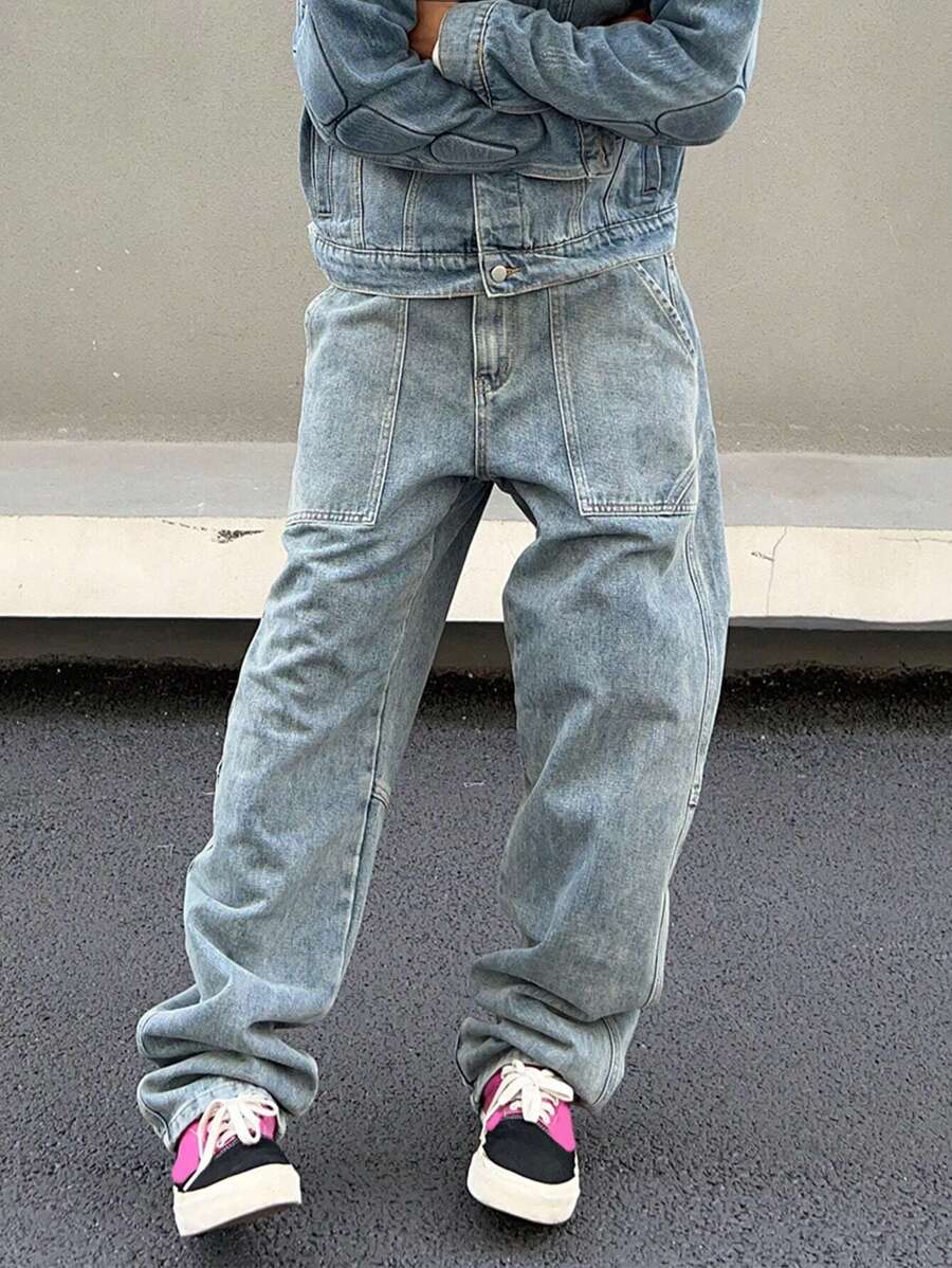 Manfinity Roghcode Men Slant Pocket Straight Leg Jeans Baggy Long Acid ...