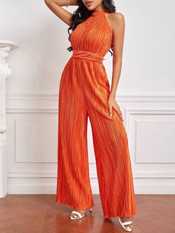 Shein Privé Solid Pleated Wide Leg Halter Jumpsuit Shein Usa