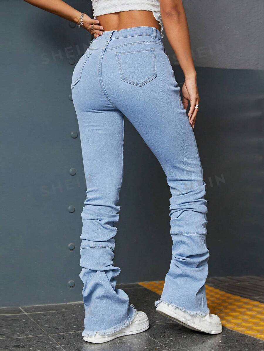 SHEIN ICON High Waist Ruched Raw Hem Stacked Jeans | SHEIN USA