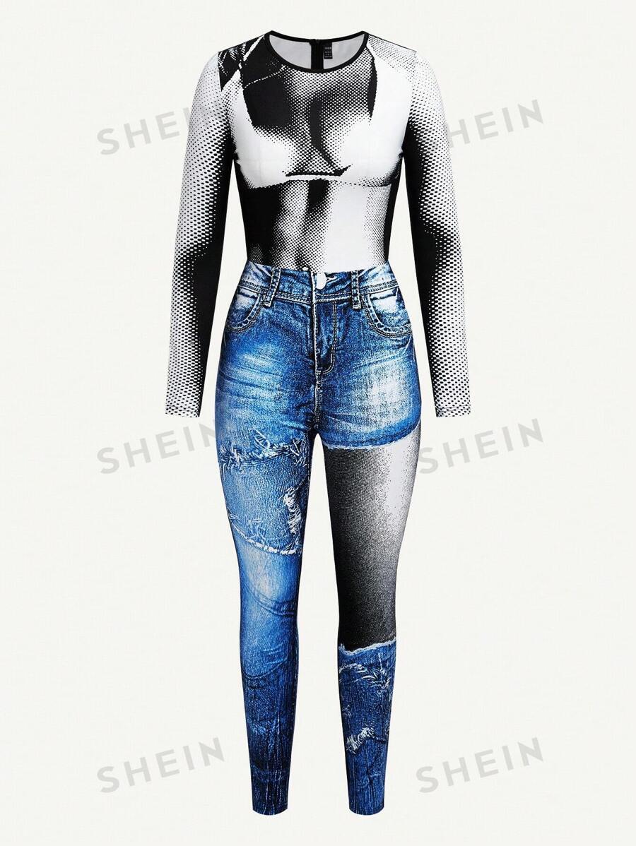 SHEIN SXY Body Map Heat Body Morph Print Denim Efecto Unitard Mono ...