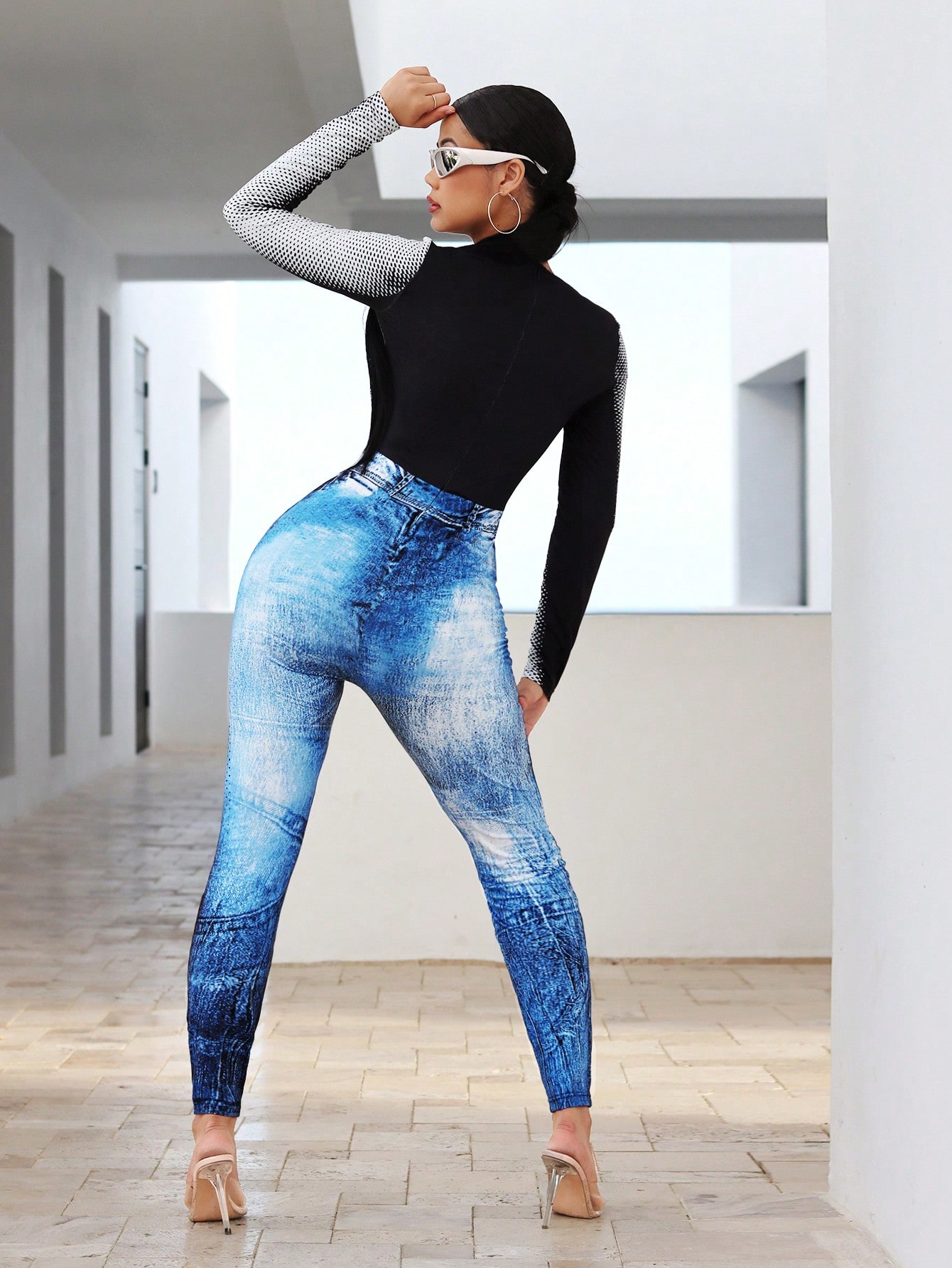 SHEIN SXY Body Map Heat Body Morph Print Denim Effect Unitard Jumpsuit ...