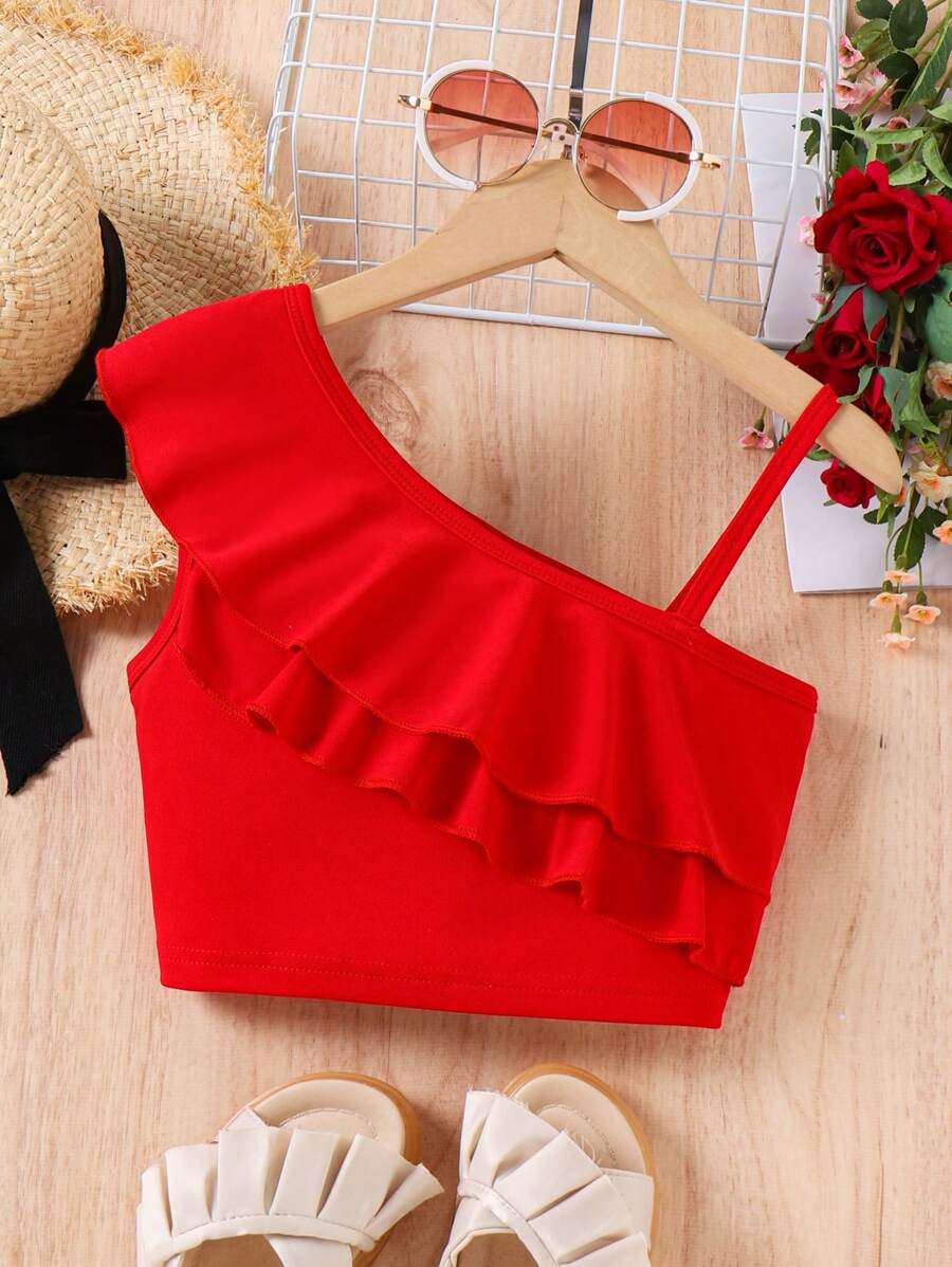 Tween Girl Asymmetrical Neck Ruffle Trim Crop Top,Holiday,Summer,Travel ...