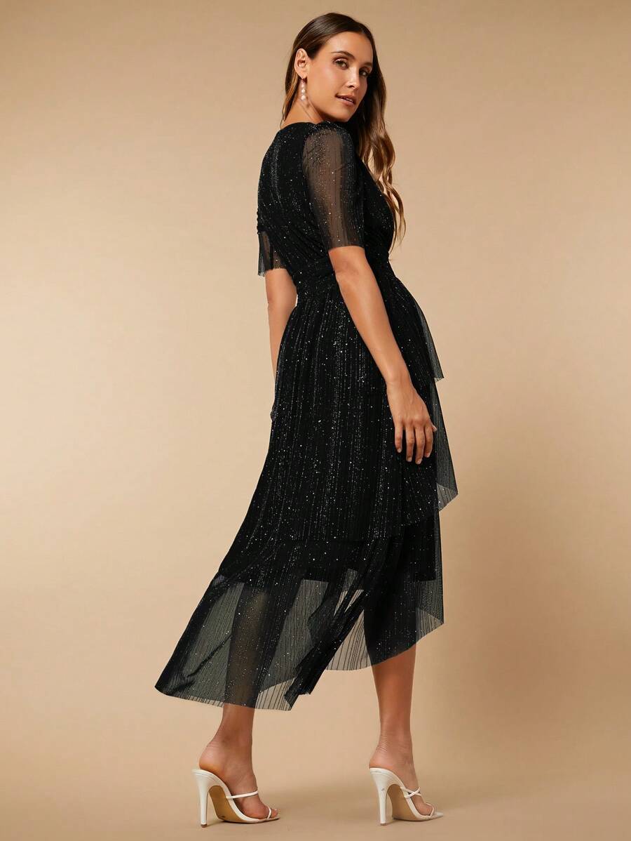SHEIN Belle Asymmetrical Hem Glitter Mesh Overlay Dress Black Elegant Formal Evening Prom ...