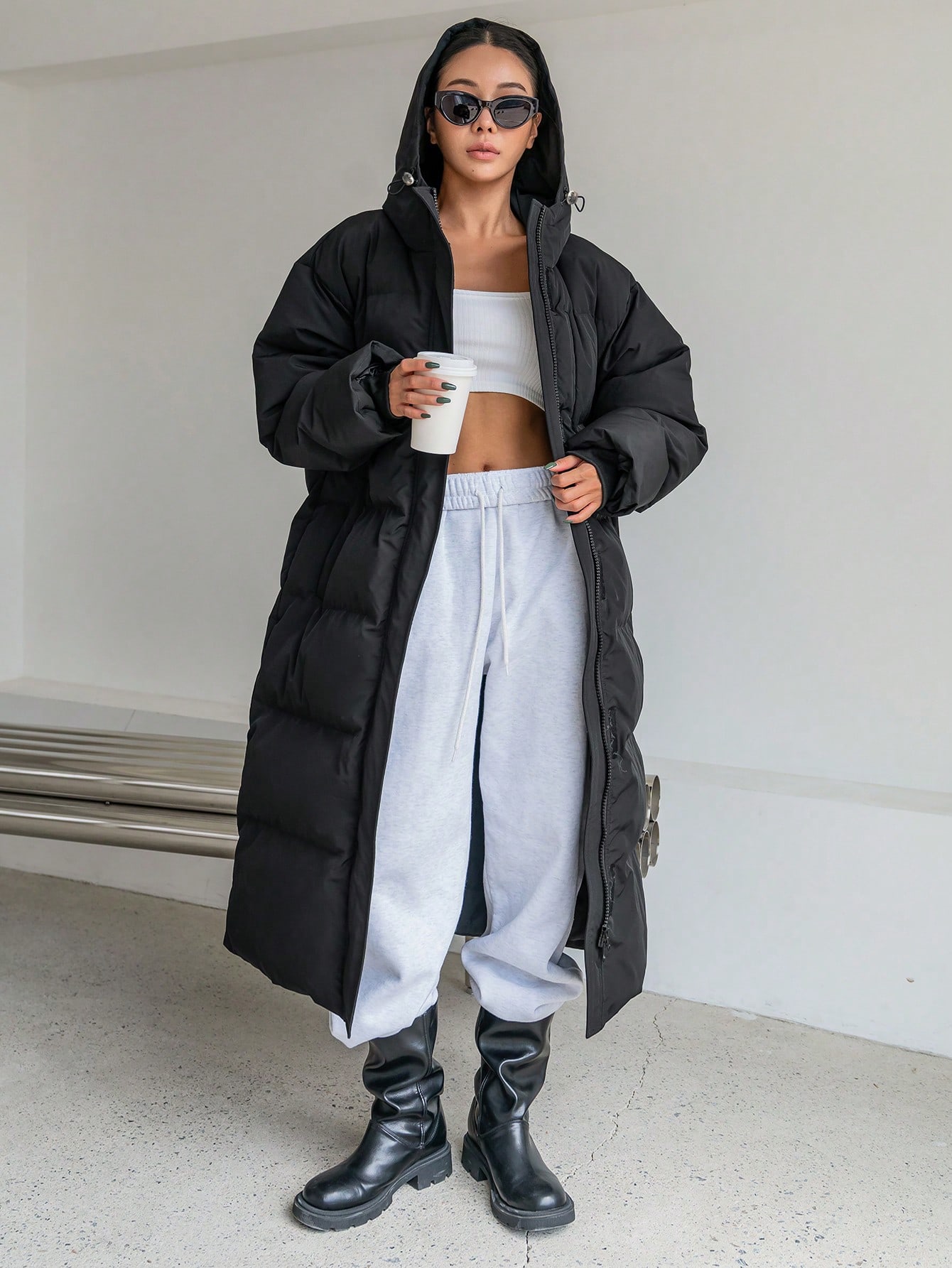 DAZY Slant Pockets Drawstring Hooded Puffer Thick Pockets Coat | SHEIN UK