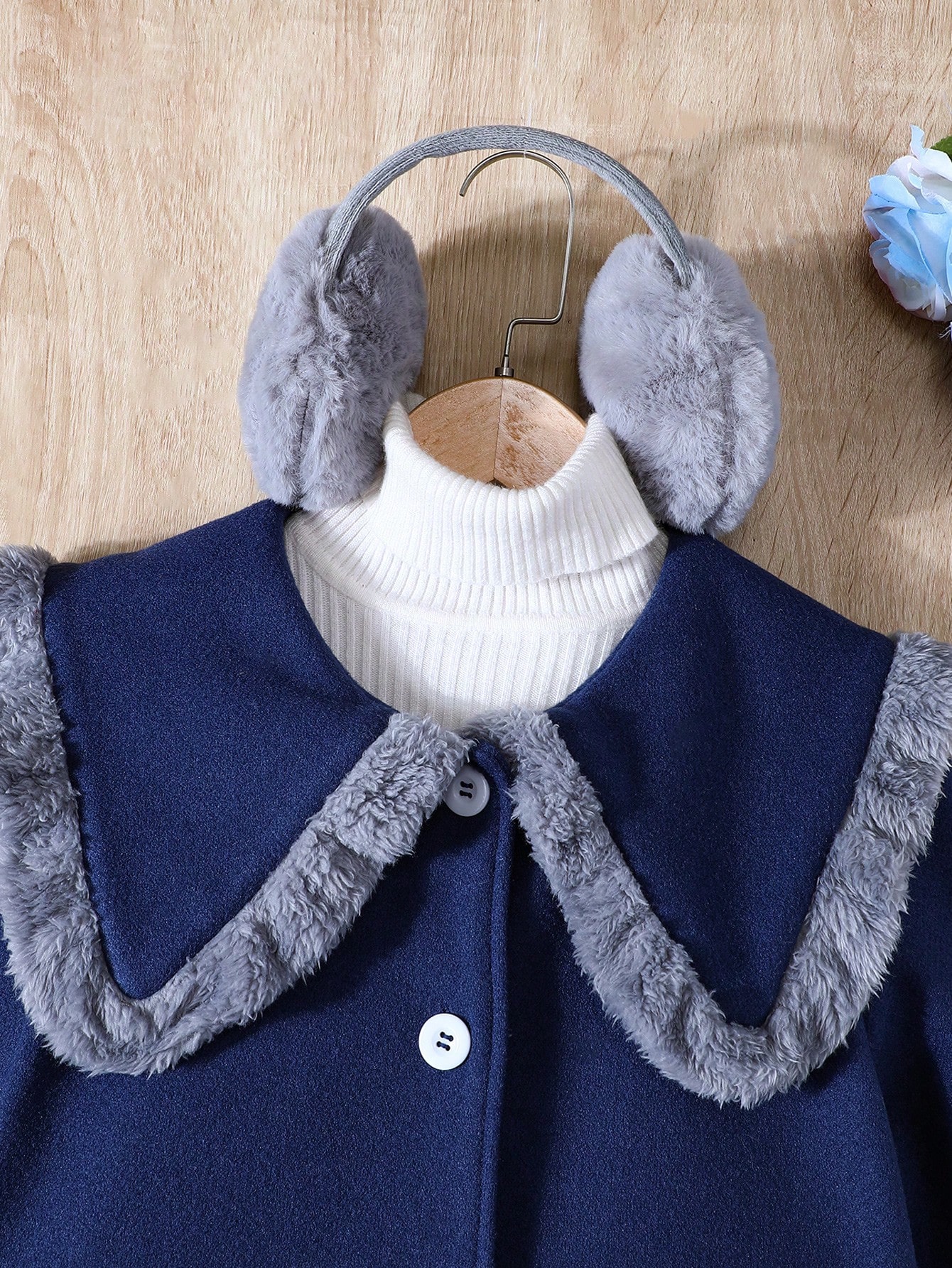 SHEIN Tween Girl Statement Collar Button Front Overcoat & Earmuffs ...