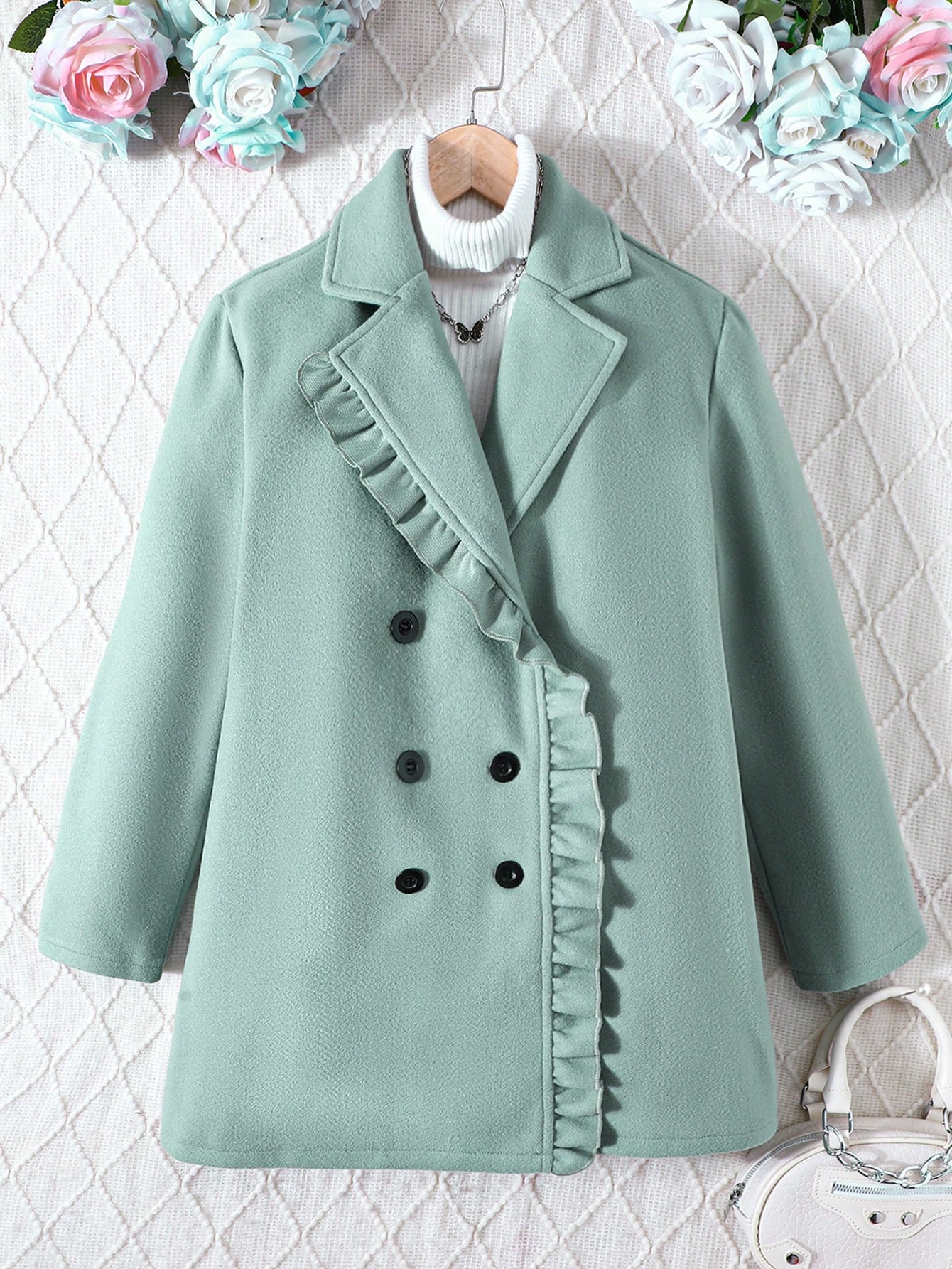 SHEIN Tween Girl Frill Trim Double Breasted Overcoat | SHEIN USA
