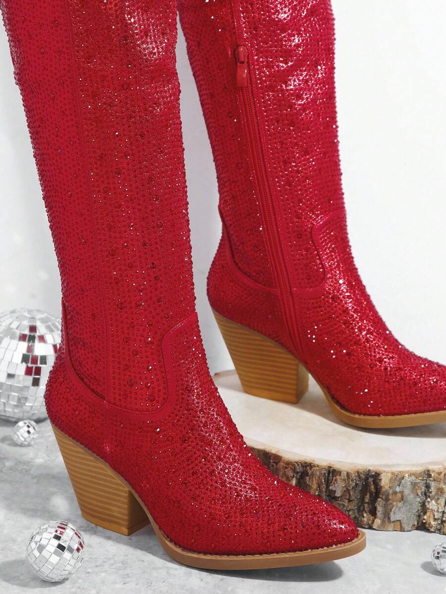 SHUZIA Bestseller Women's Sparking Rhinestone OTK Red Cowboy Boots ...