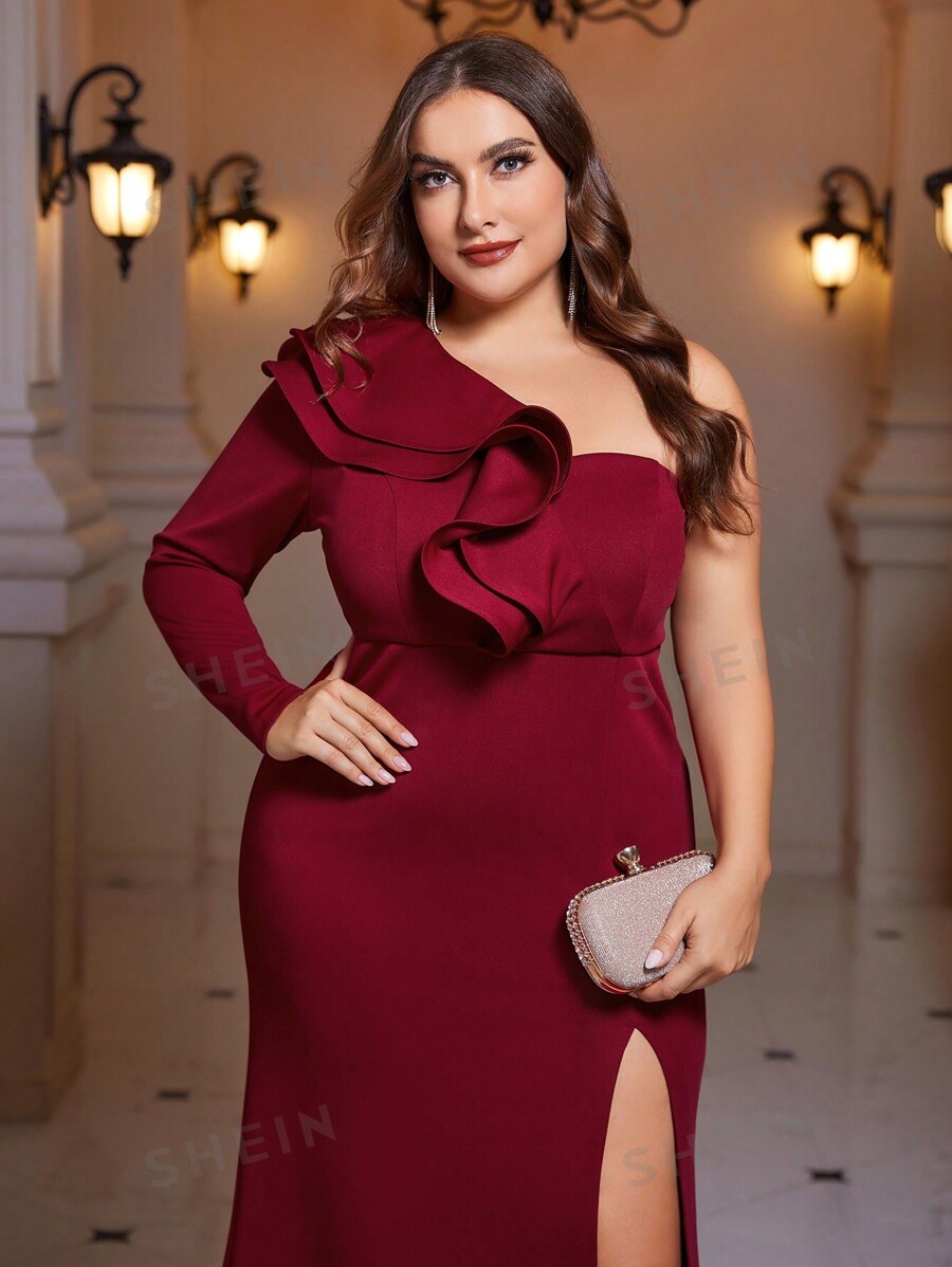 Shein Belle Plus One Shoulder Ruffle Trim Split Thigh Bridesmaid Dress