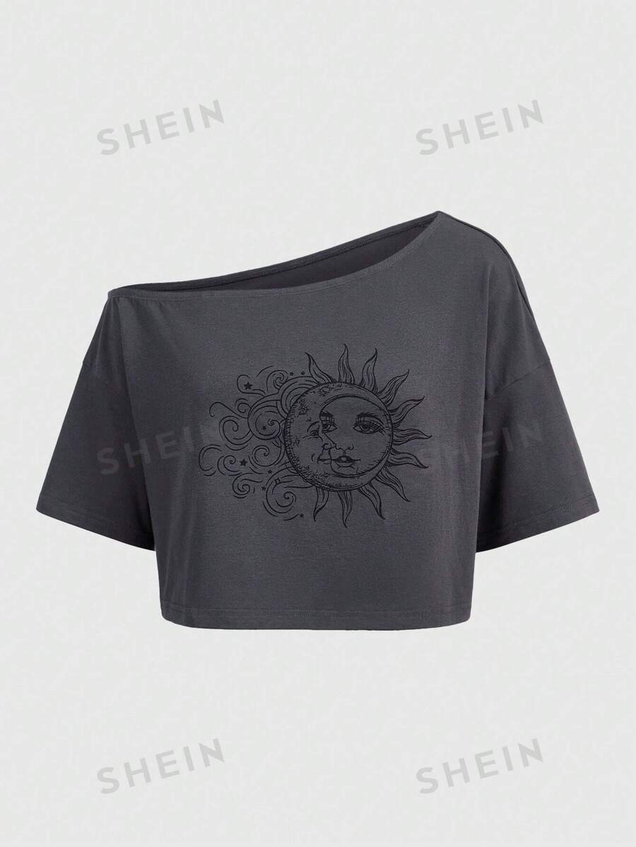 ROMWE Hippie Sun & Moon Graphic Asymmetrical Neck Crop Tee | SHEIN USA