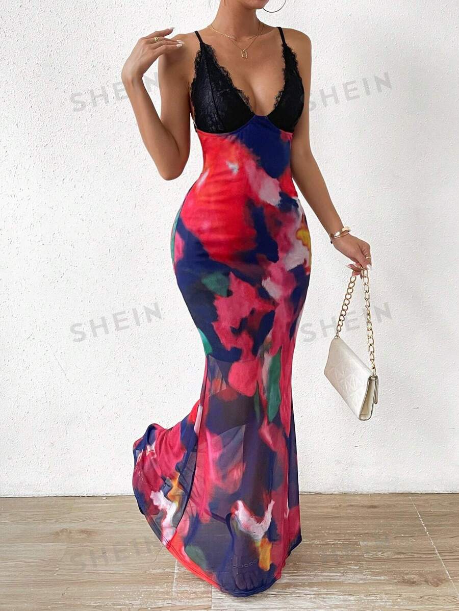 SHEIN Allurite Tie Dye Contrast Lace Mermaid Hem Mesh Cami Dress | SHEIN UK