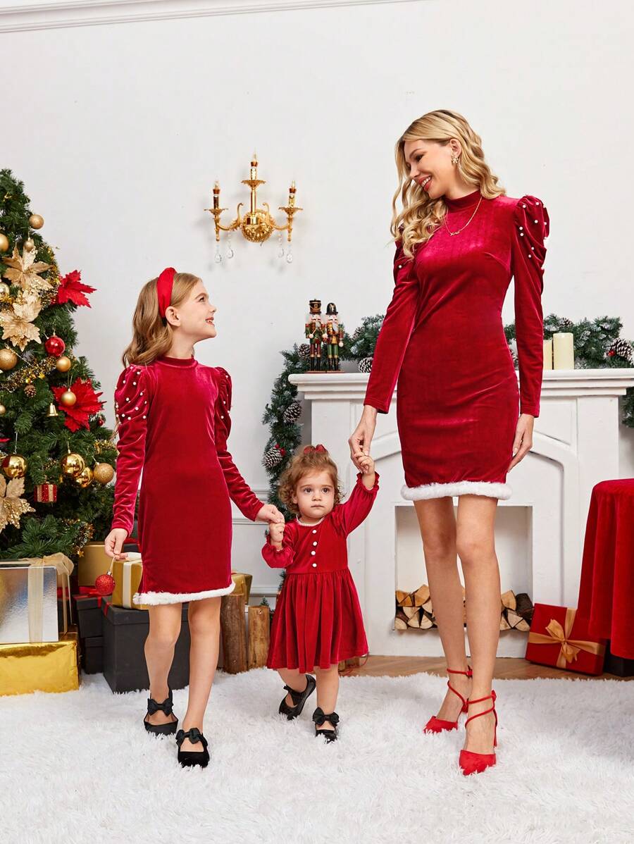 SHEIN Fern Glow Girls Christmas Party Pearled Puff Sleeve Dress With ...