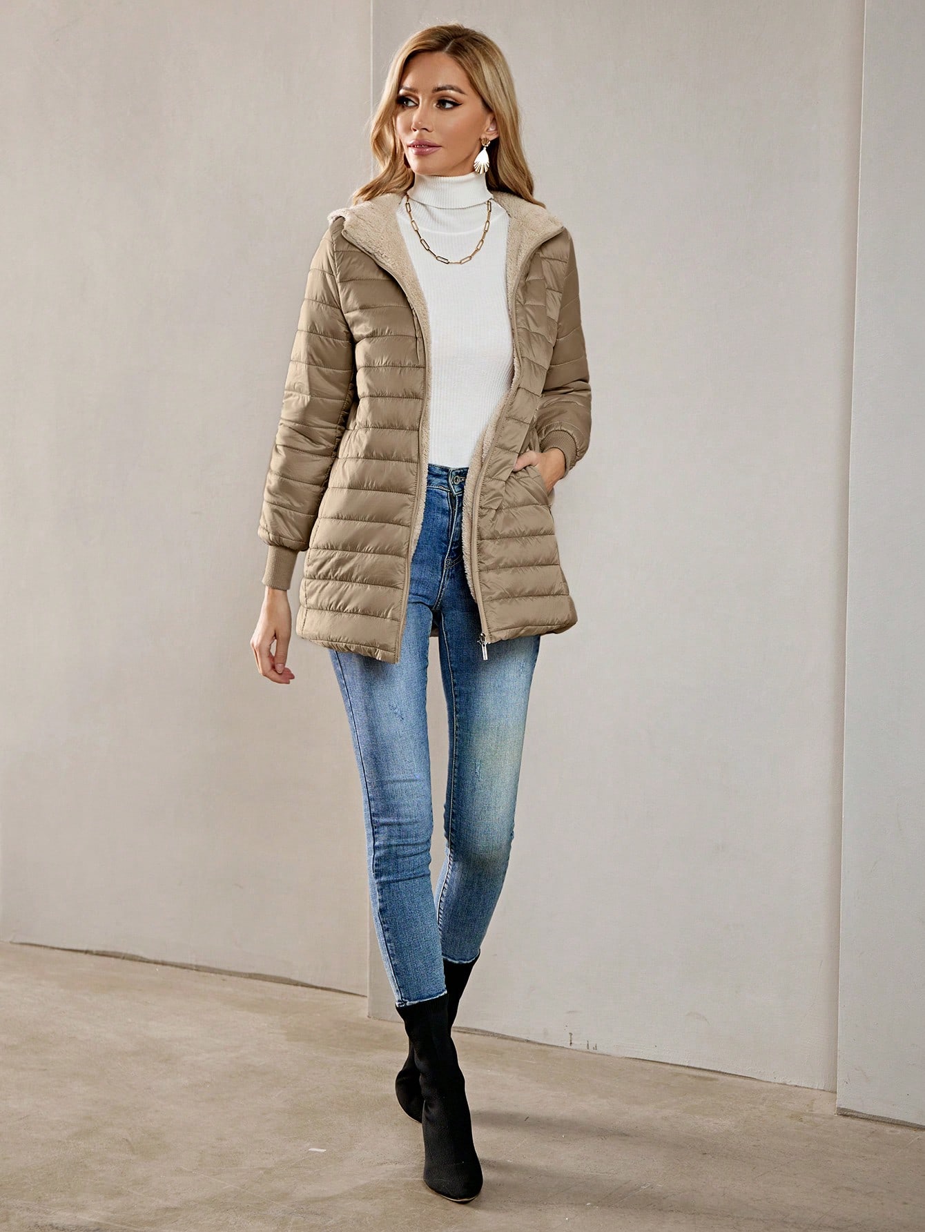 SHEIN LUNE Zip Up Hooded Teddy Lined Puffer Coat | SHEIN UK