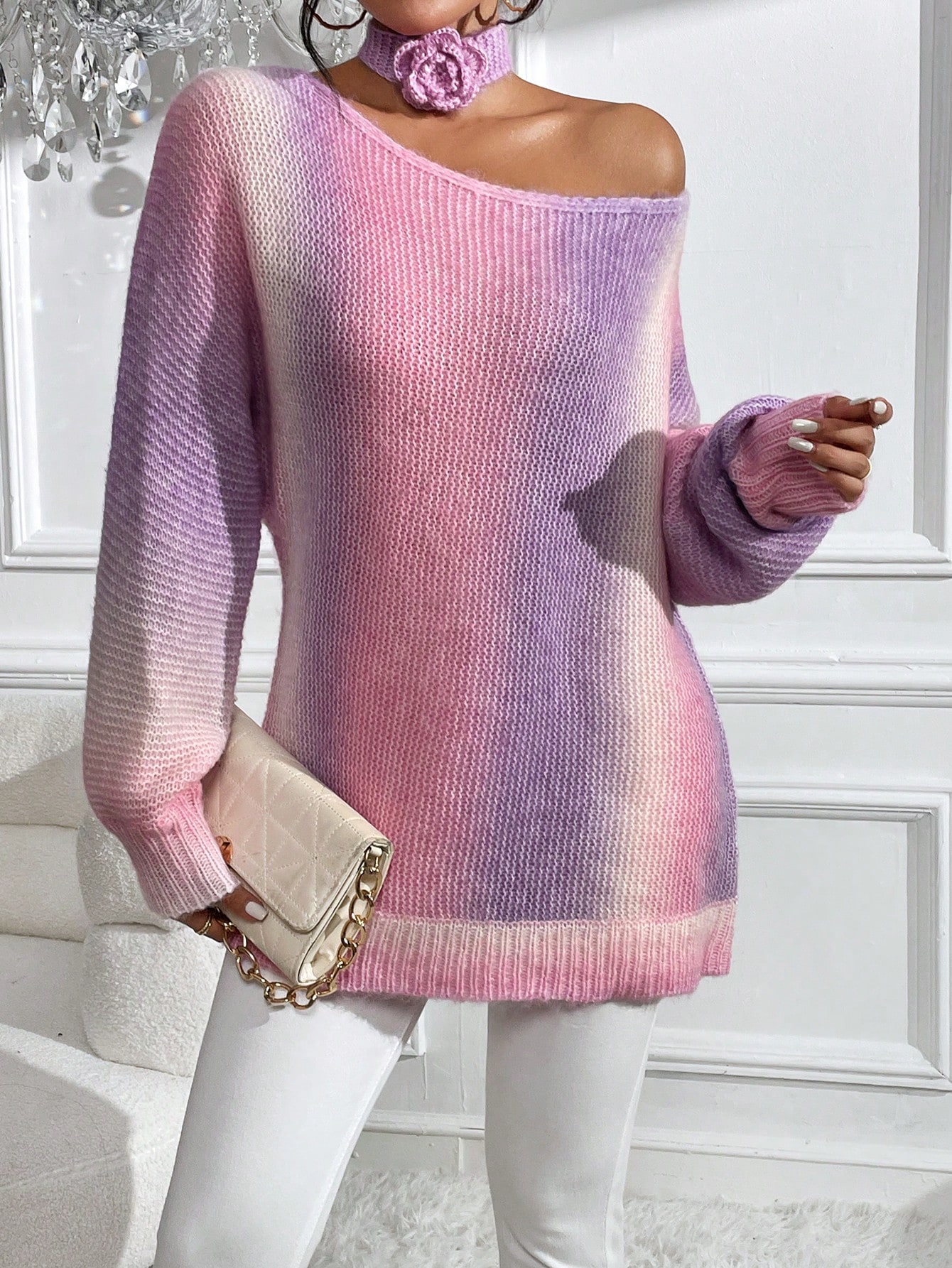 Shein Essnce Ombre Asymmetrical Neck Drop Shoulder Sweater With Choker