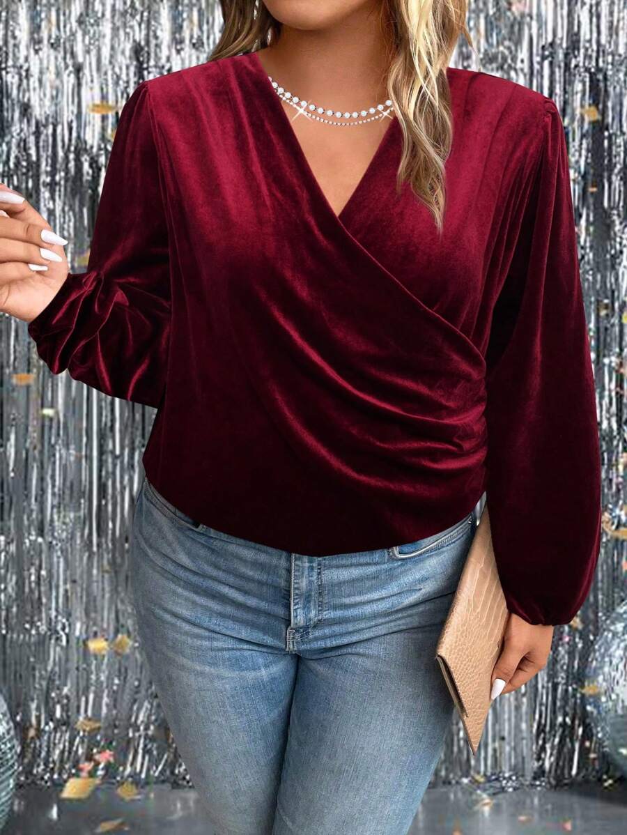 SHEIN Clasi Plus Surplice Neck Bishop Sleeve Velvet Tee | SHEIN USA