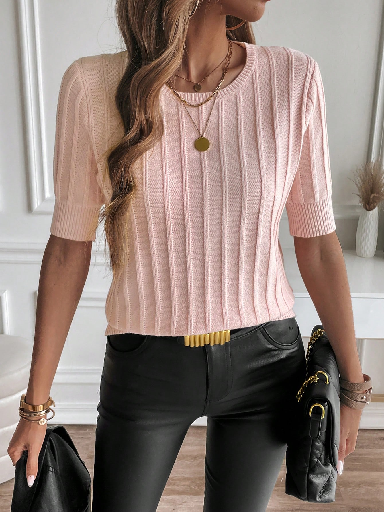 SHEIN Essnce Solid Ribbed Knit Top | SHEIN USA