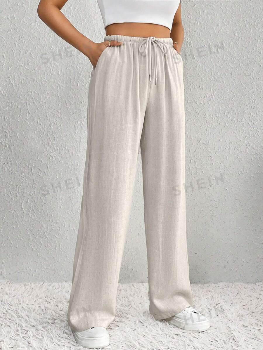 SHEIN Frenchy Woman Fall Solid Drawstring Waist Straight Leg Pants ...