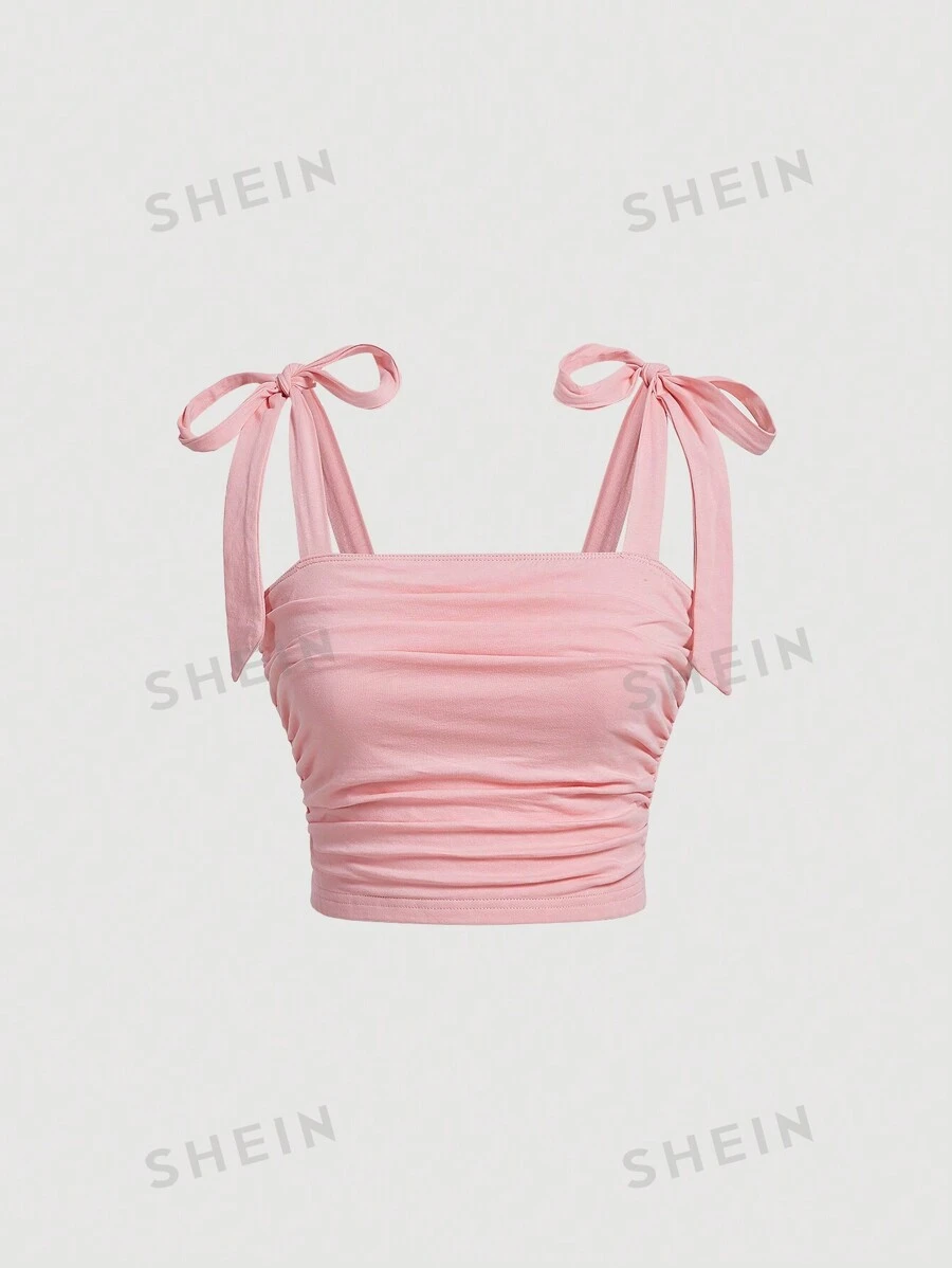 SHEIN x Marika Sila SHEIN MOD Solid Tie Shoulder Ruched Wide Strap Slim ...