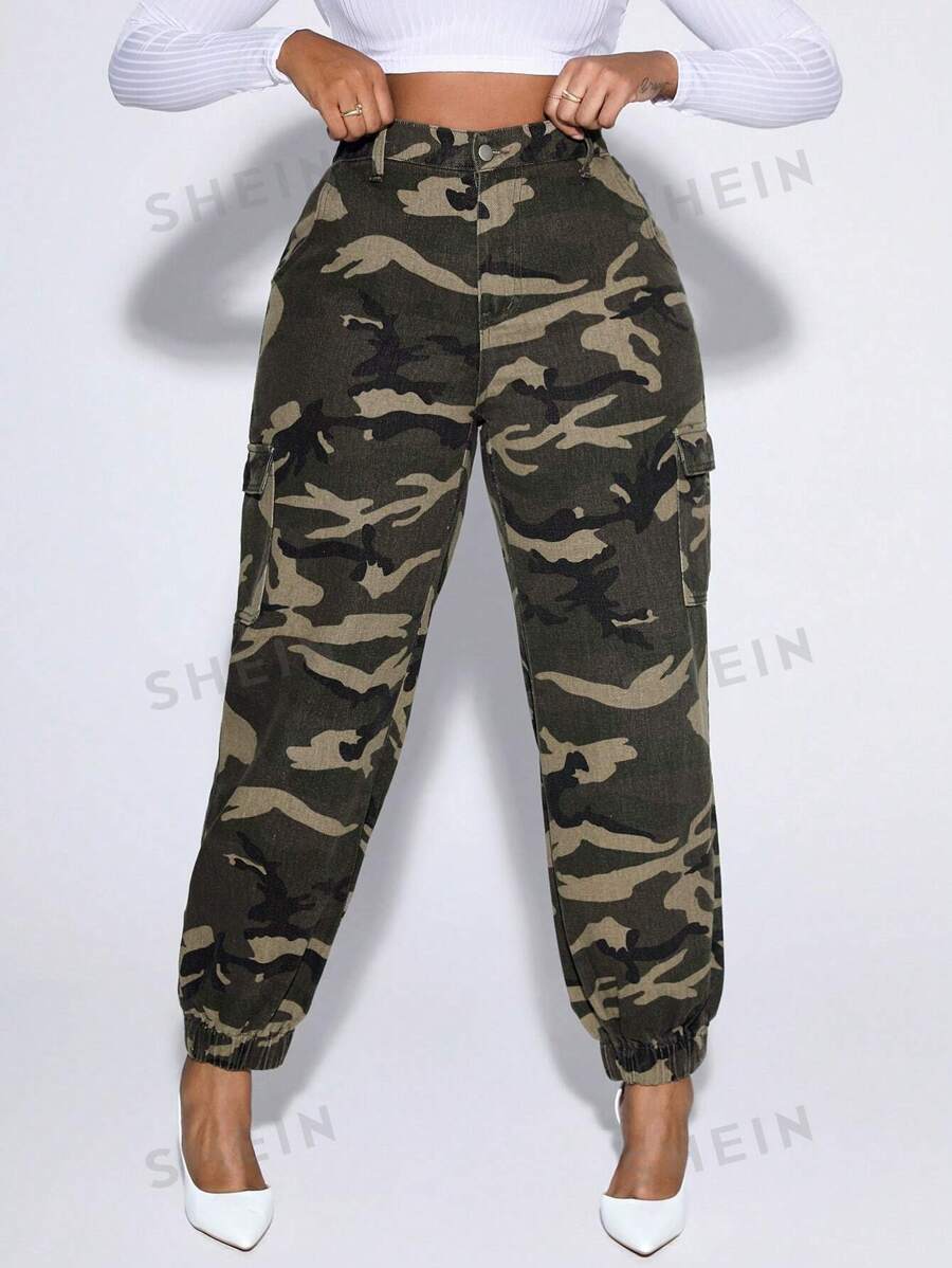 Shein Ezwear Plus Camo Print Flap Pocket Cargo Jeans Shein Usa