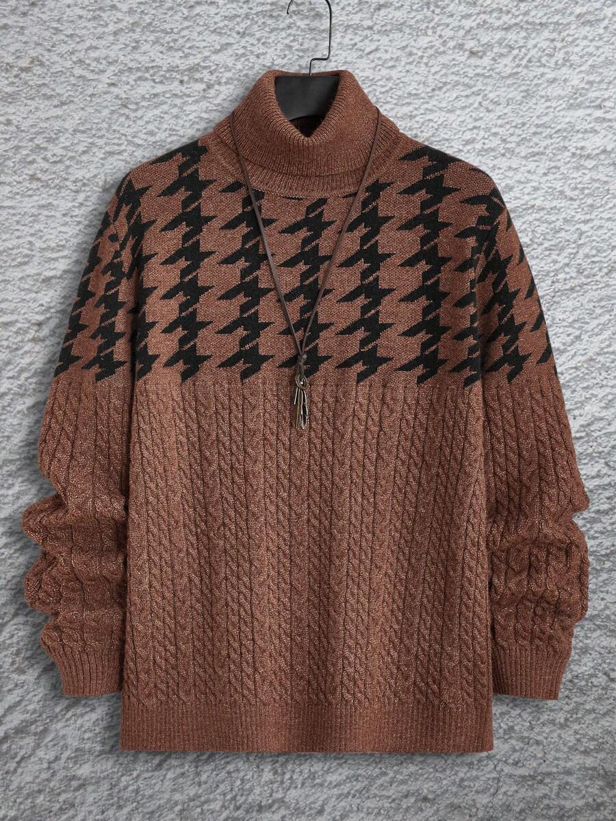 Manfinity ModaGents Men Houndstooth Pattern Turtleneck Cable Knit ...