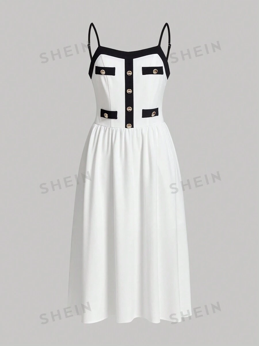 SHEIN MOD คามีเดรส ขอบสีตัด รายละเอียดปุ่ม | SHEIN TH