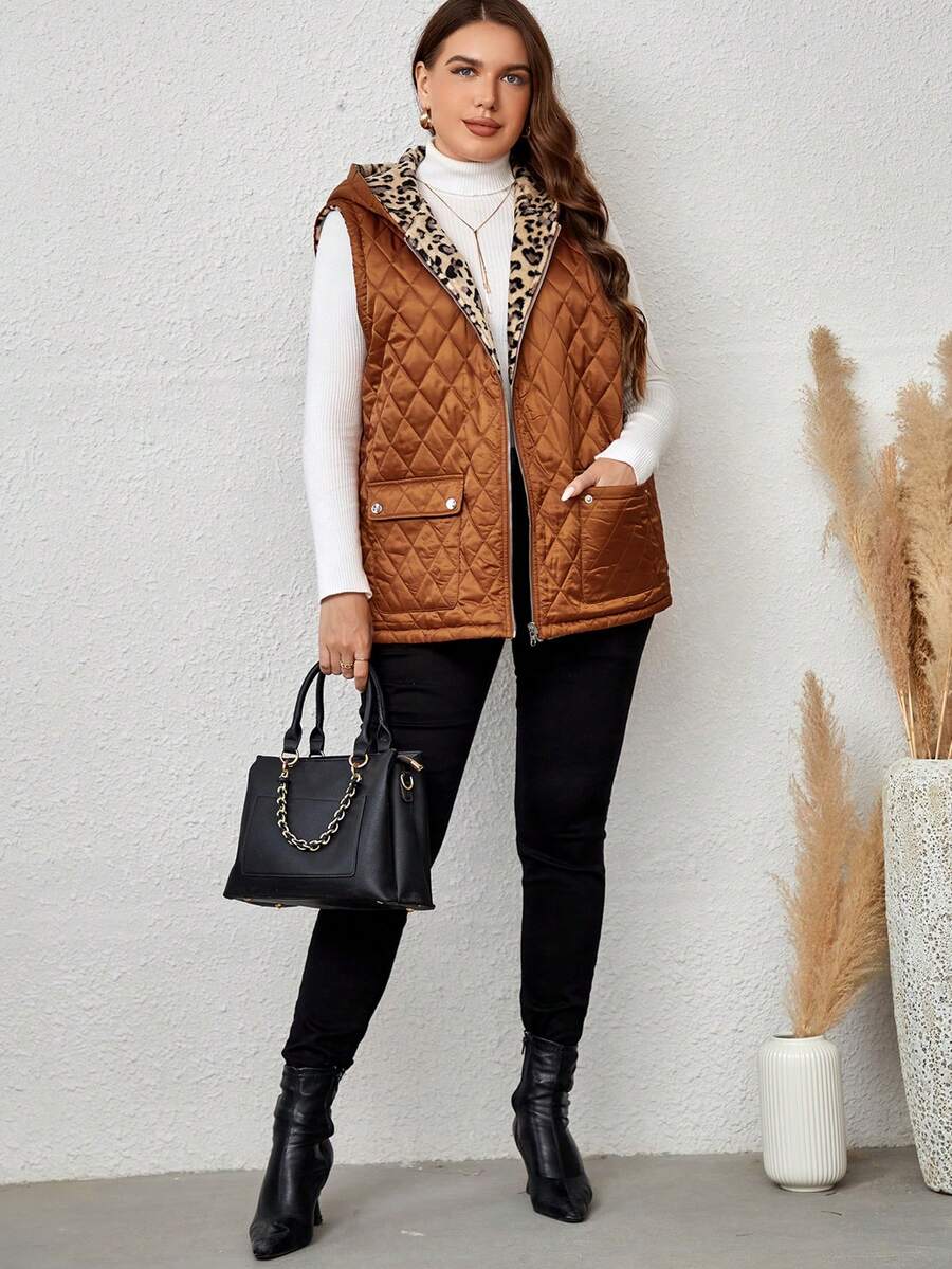 EMERY ROSE Plus Leopard Print Flap Pocket Hooded Vest Quilted Coat ...