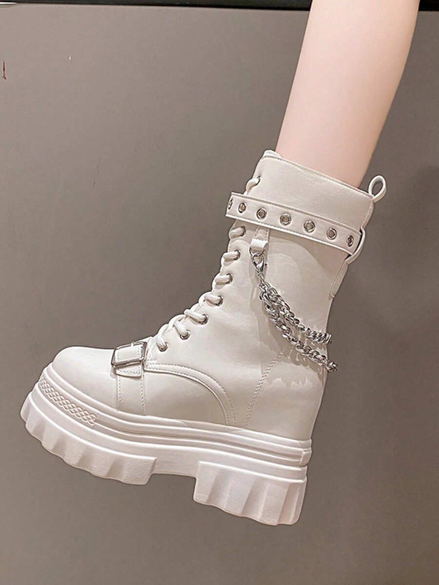 Women's Punk Style White High Top Rivet Chain Decorated Boots With ...