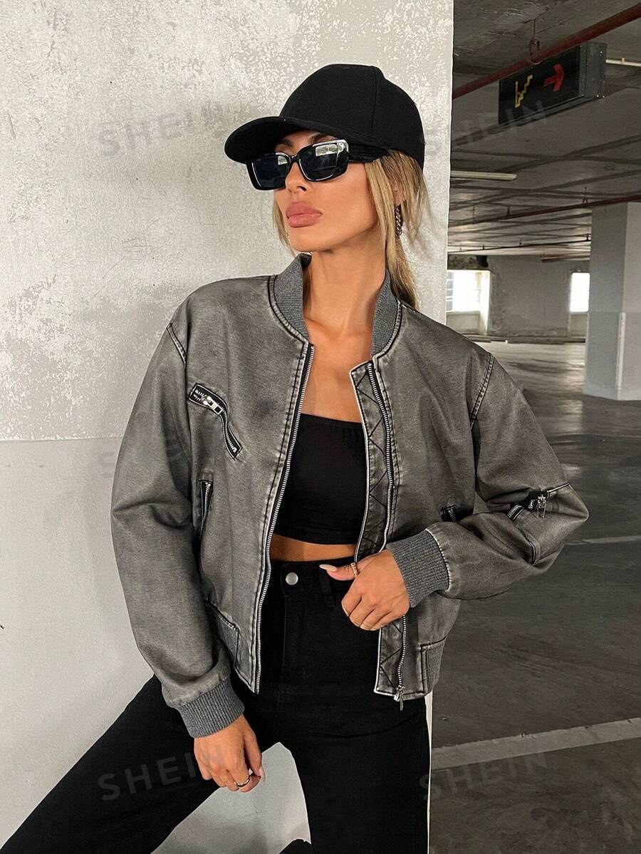 SHEIN Affinna Zip Up PU Leather Bomber Jacket | SHEIN UK