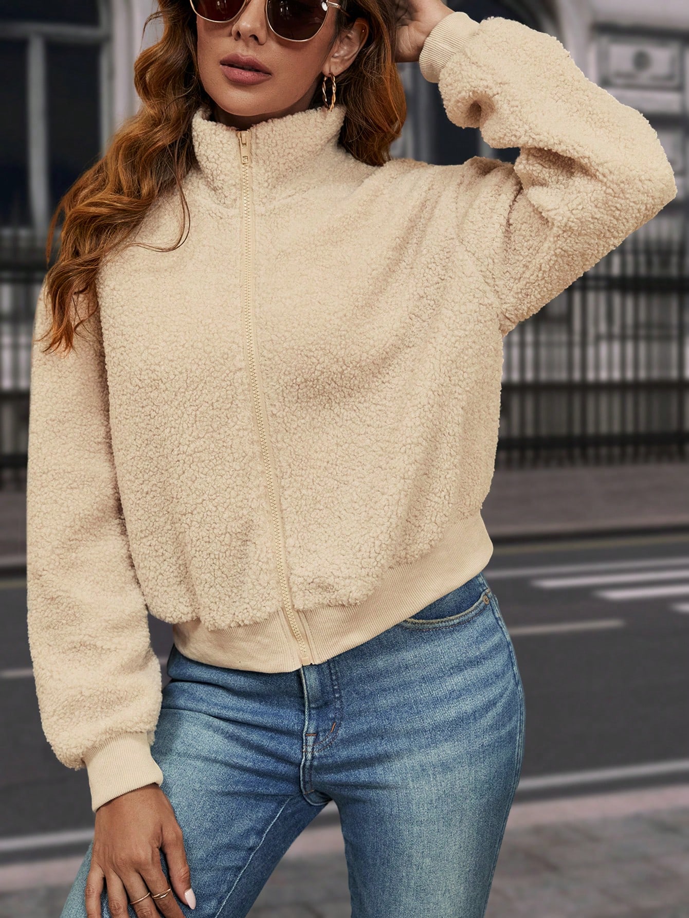 SHEIN LUNE Zip Up Drop Shoulder Teddy Jacket | SHEIN USA