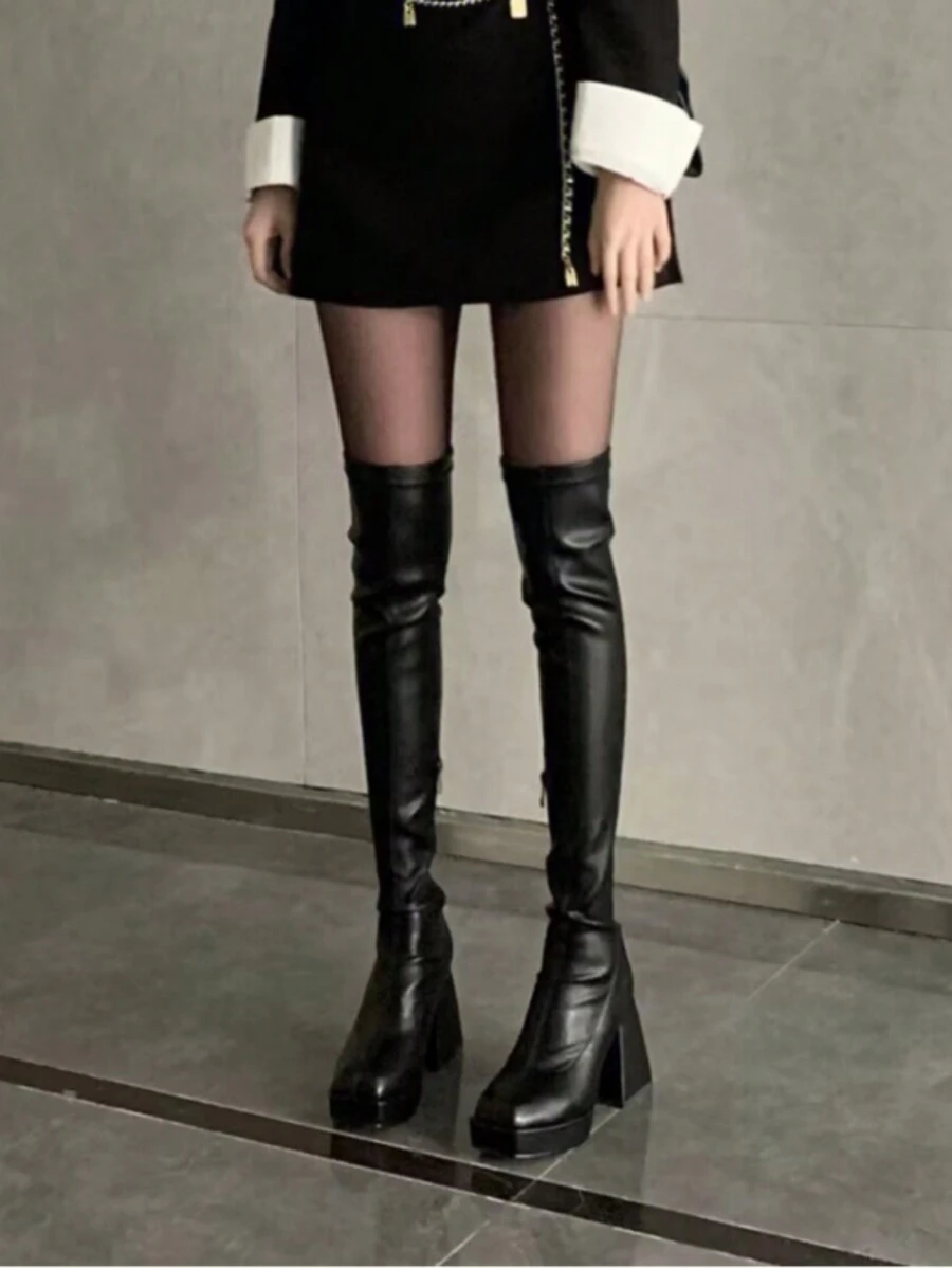 Botas femininas pretas com design de zíper duplo, opções de cano alto ...