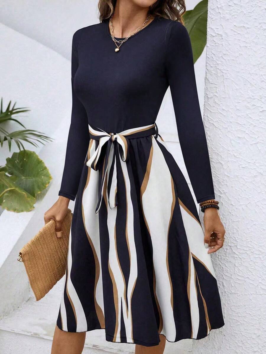 SHEIN LUNE Colorblock Belted A-line Dress | SHEIN USA