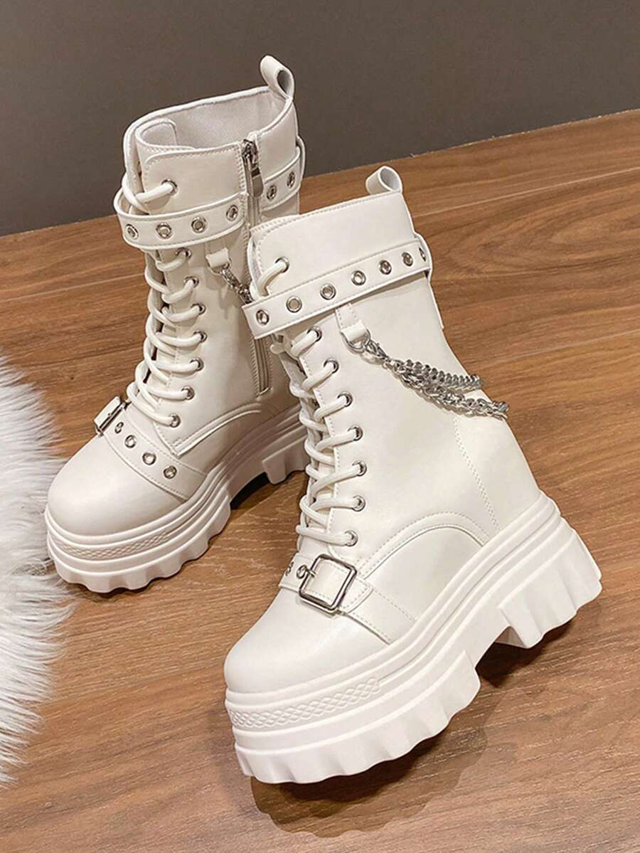 Women's Punk Style White High Top Rivet Chain Decorated Boots With ...