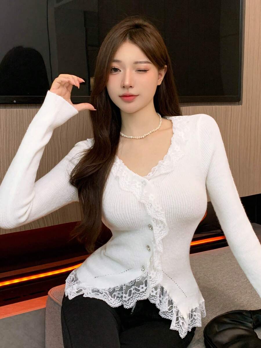 DAZY Solid Lace Trim Button Front Cardigan | SHEIN USA
